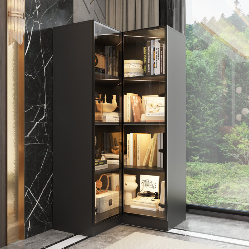 63 H 4 Layer Corner Bookcase With Glass Doors And LED Lights